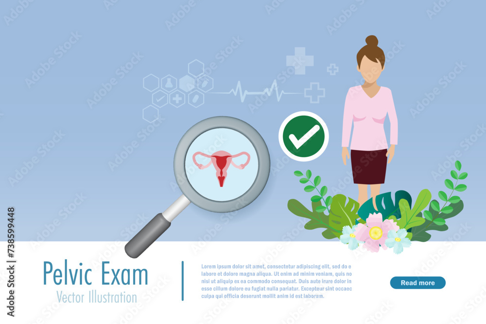 Vaginal exam, gynecology check up. Woman with magnifying glass display ...