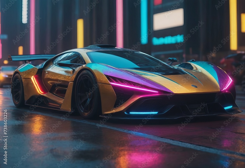 Tuned Sport Car , cyberpunk Retro Sports Car On Neon Highway. Powerful ...