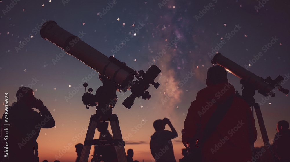 Group of people observing the night sky with telescopes under a starry ...