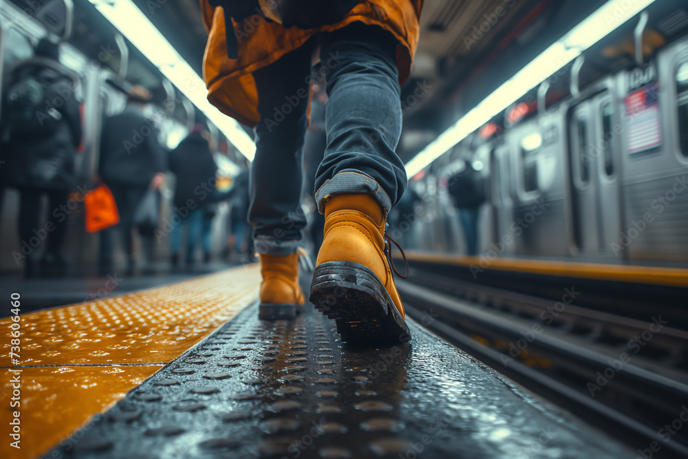 People walk through a busy subway station corridor. Urban ...
