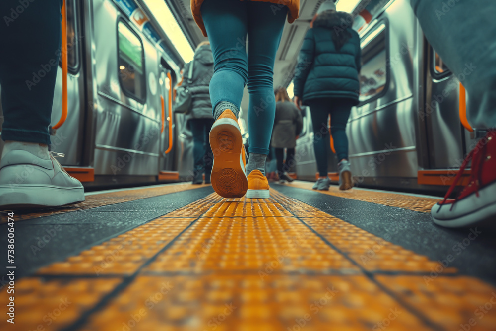 People walk through a busy subway station corridor. Urban ...