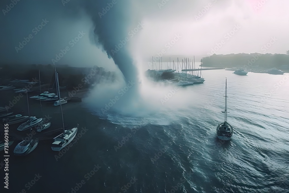 boats caught in a storm in the harbor water tornado spout Stock Photo ...