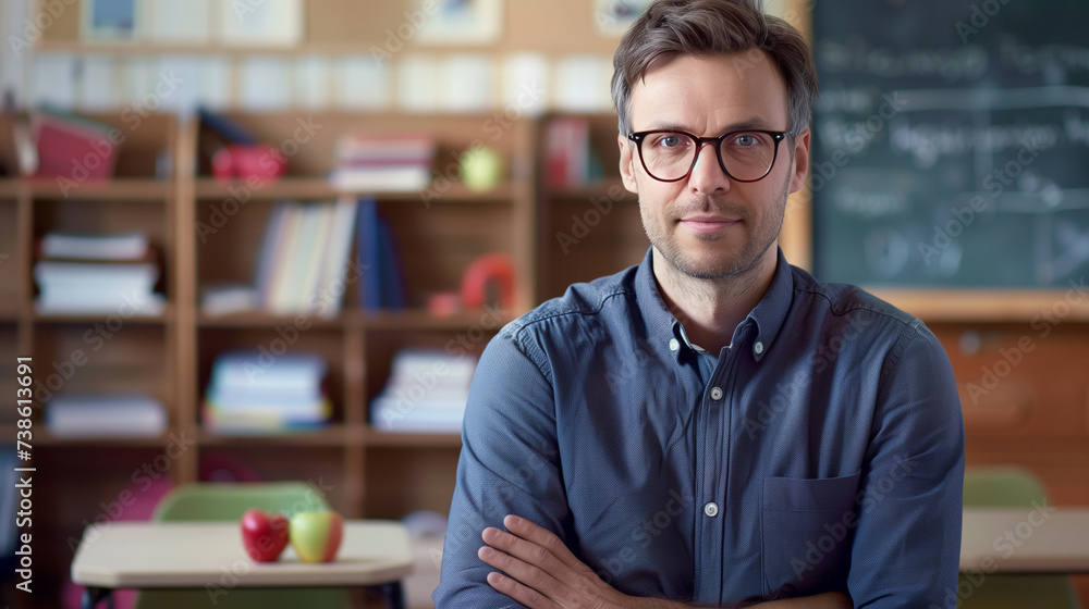 Portrait of a teacher in a school classroom. Blackboard and desks and ...