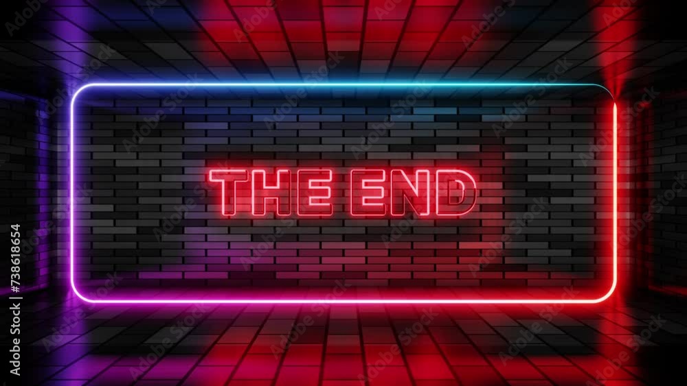 Neon sign the end in speech bubble frame on brick wall background 3d ...