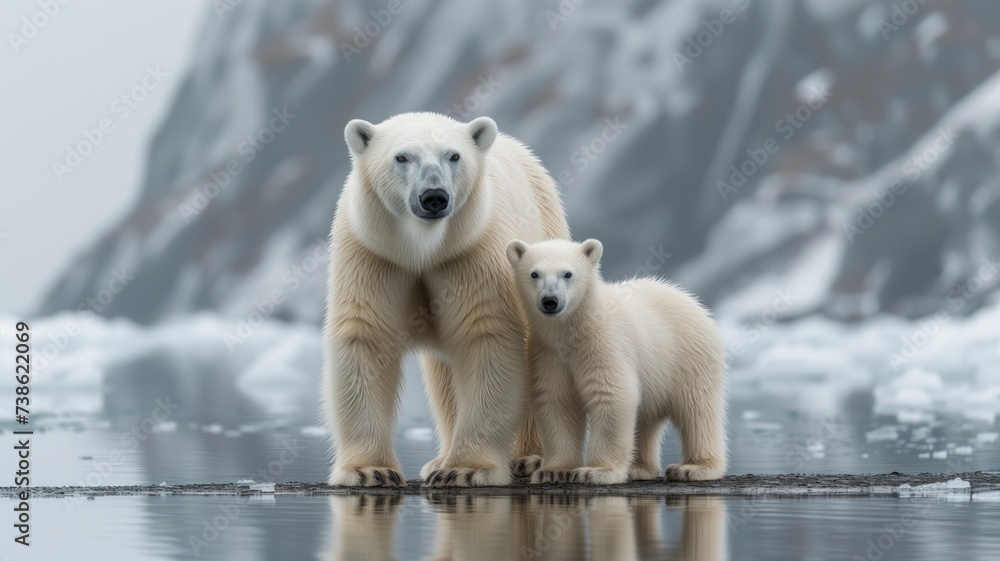 A majestic polar bear and its curious cub stand in the frigid water ...