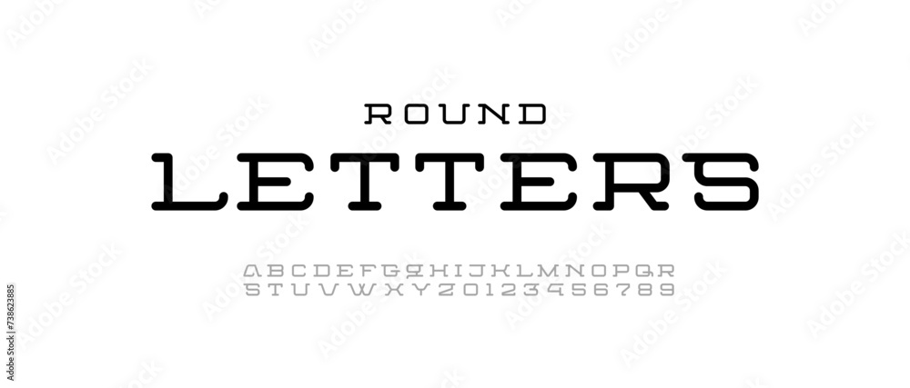Modern slab serif font, rounded alphabet, letters A, B, C, D, E, F, G ...