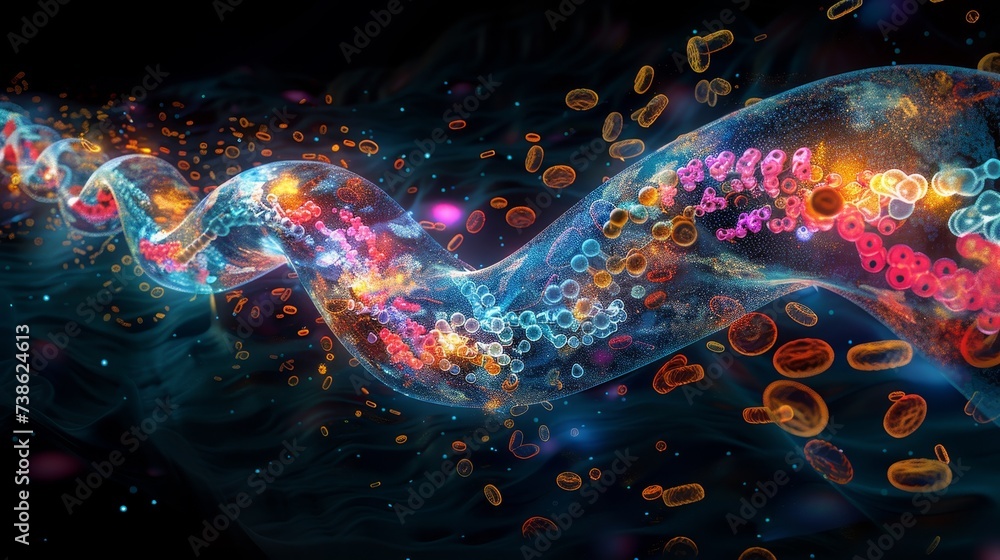 Abstract representation of a flowing DNA strand with vibrant genetic ...