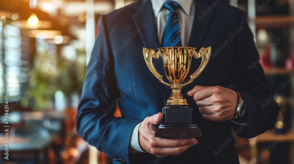 A triumphant businessman in a suit holds a golden trophy aloft ...