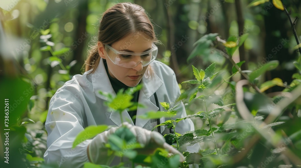 Assessing forest plant life with a young female environmental scientist ...
