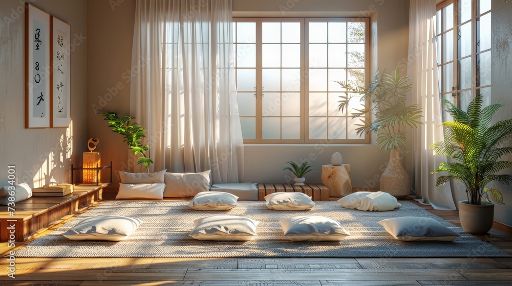 Zen-inspired meditation room with minimal decor, natural elements, and ...