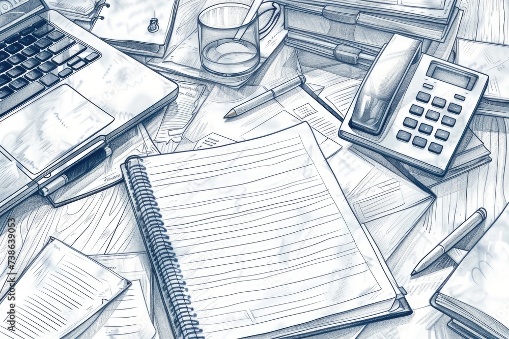 A drawing of a desk with essential office items, including a laptop ...