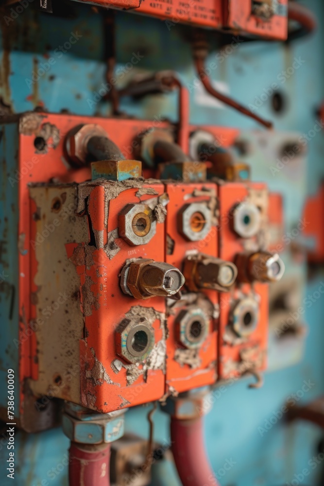 An up-close view of an old electrical panel. This image can be used to ...