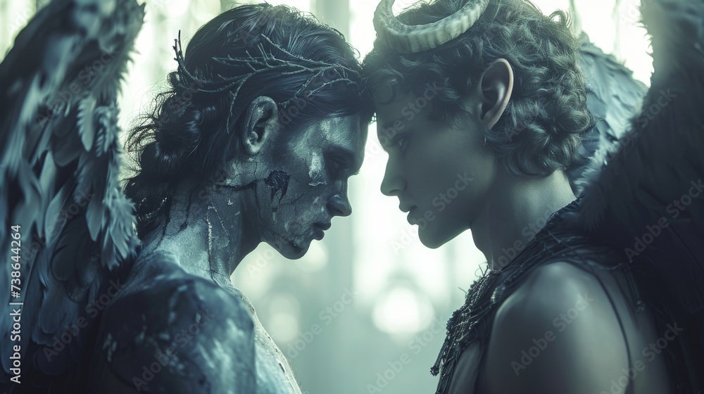 Angel and demon locked in a silent battle of influence over the fate of ...