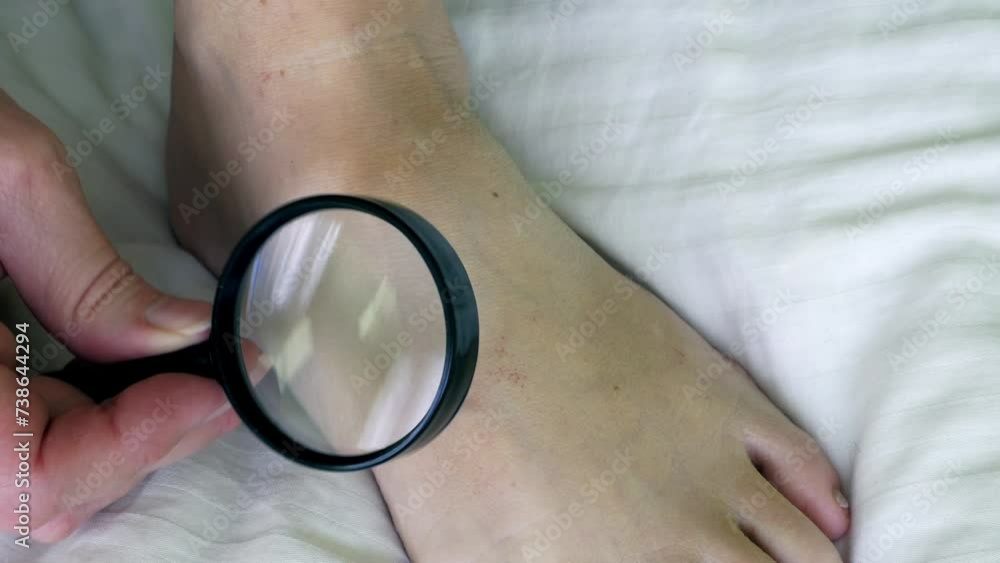 A dermatologist examines a patient's skin rash using a magnifying glass ...