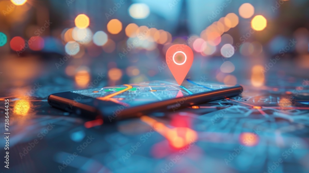 A cell phone with a GPS marker indicating a specific location. Can be ...