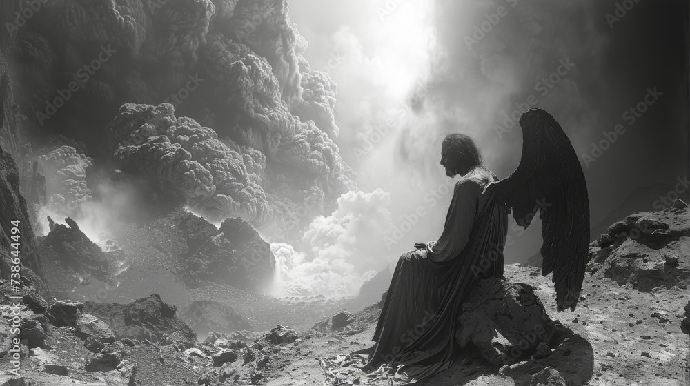 Angel soothing the restless spirits of a volcano calming seismic ...