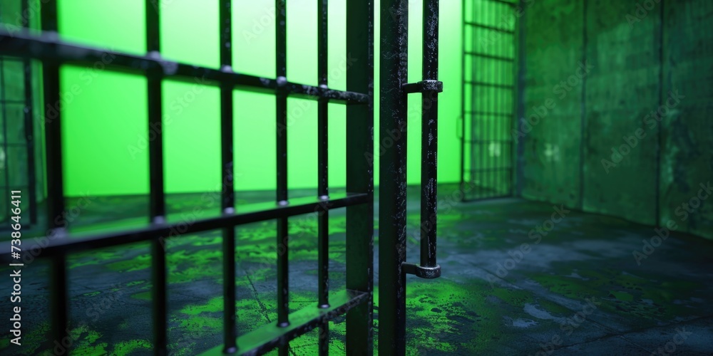 A jail cell with a green screen in the background. Perfect for film and ...