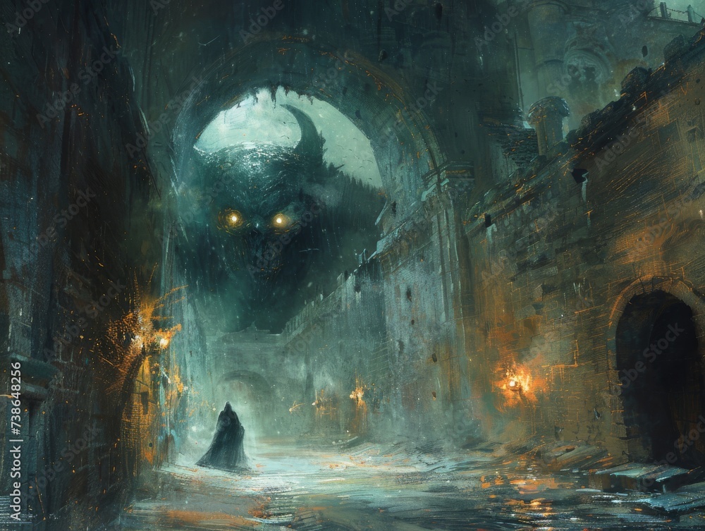 Demon lurking in the shadows of a medieval alley whispering temptations ...