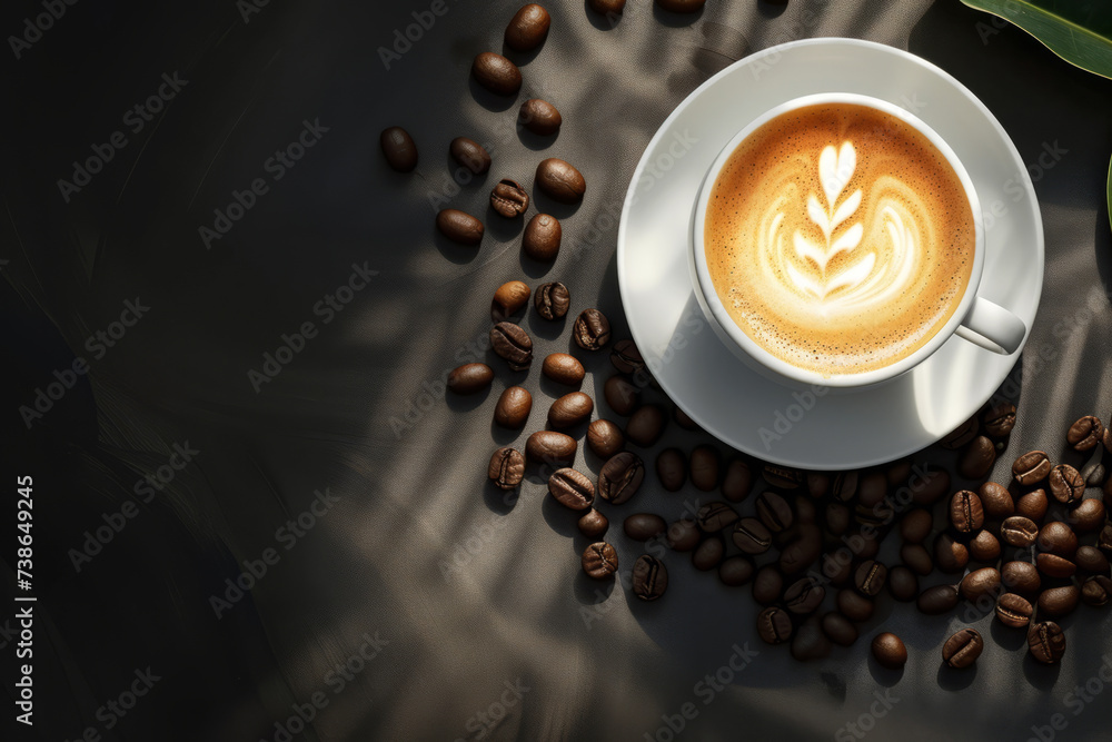 Beautiful coffee background. White cup of coffee with foam and a ...