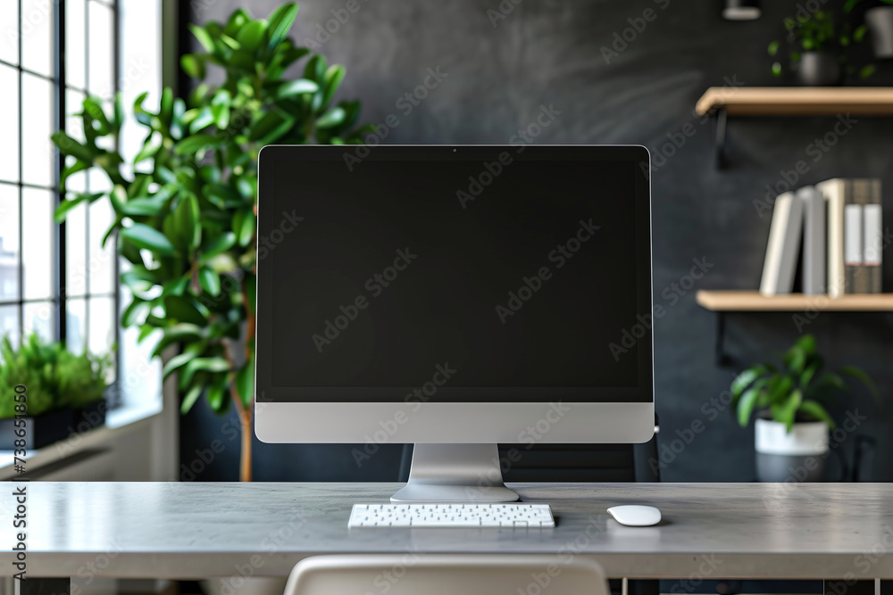 Home beautiful desk with computer with black blank screen, mouse and ...