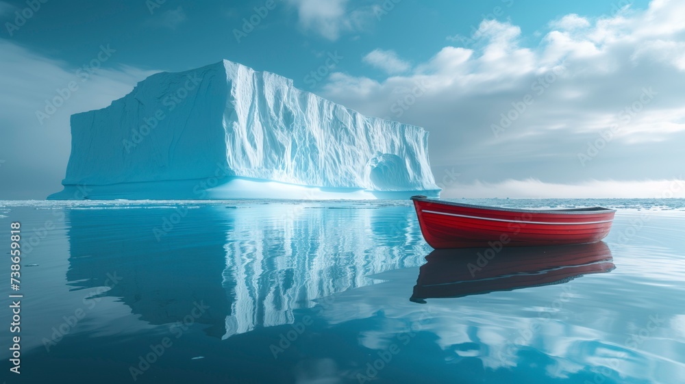 A solitary boat glides through the calm, icy waters of the arctic ocean ...