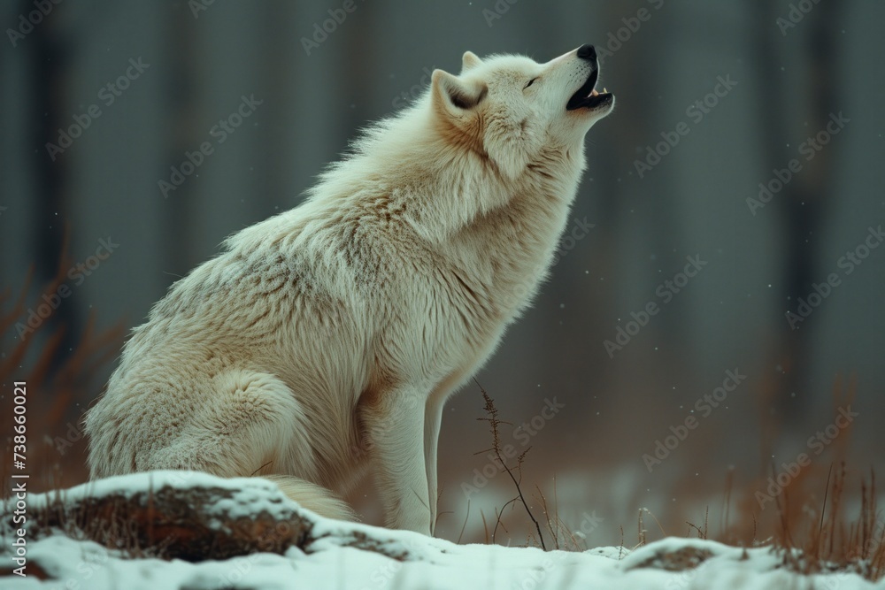 A solitary white wolf stands proudly, howling into the freezing winter ...