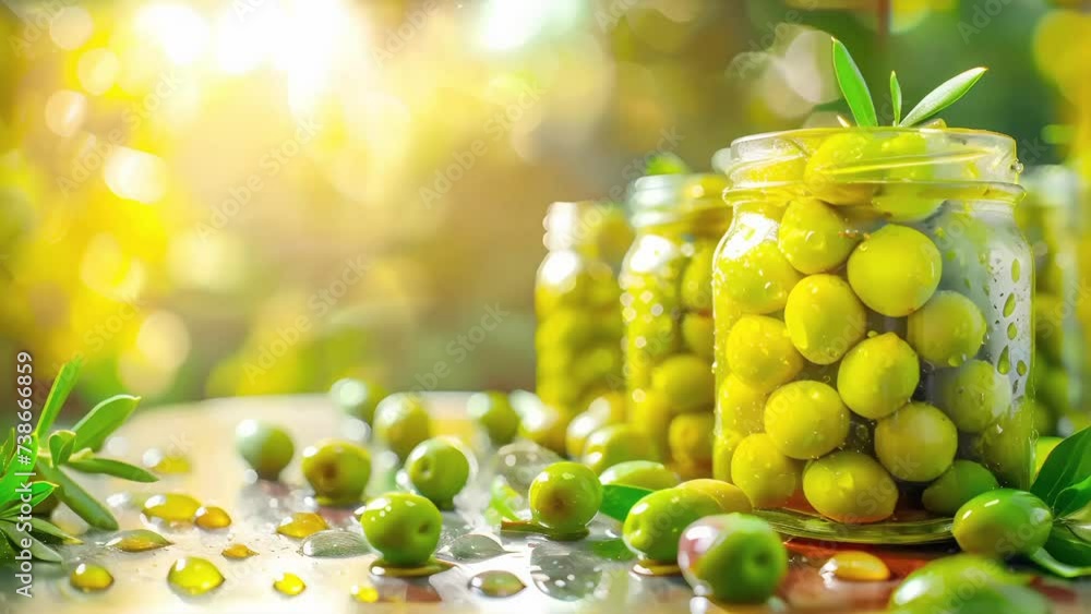 Organic farm green olives. Glass jars with natural olives against ...