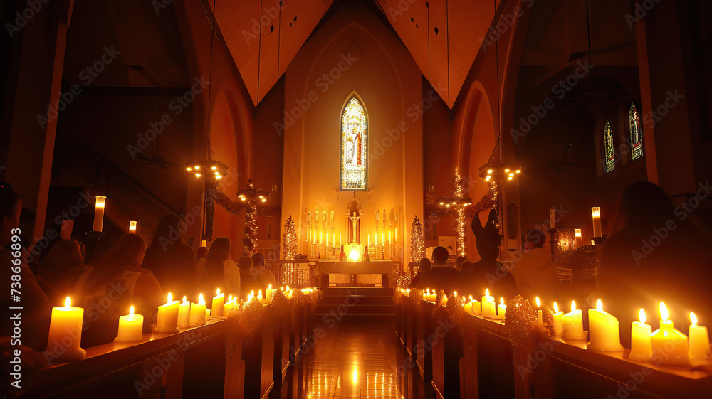 Easter Vigil Celebration: Catholic Church. Church Sanctuary with Easter ...