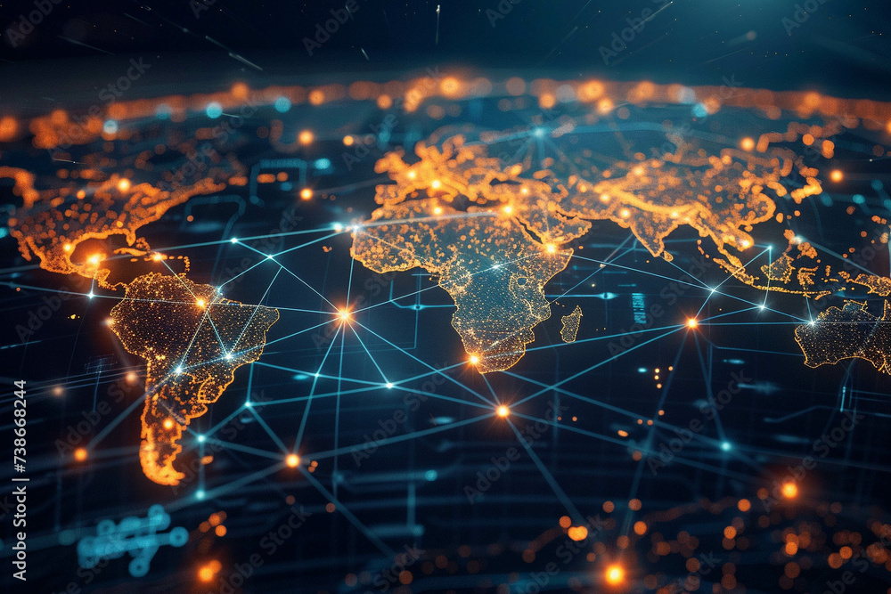 High tech digital world map with glowing connections between countries ...