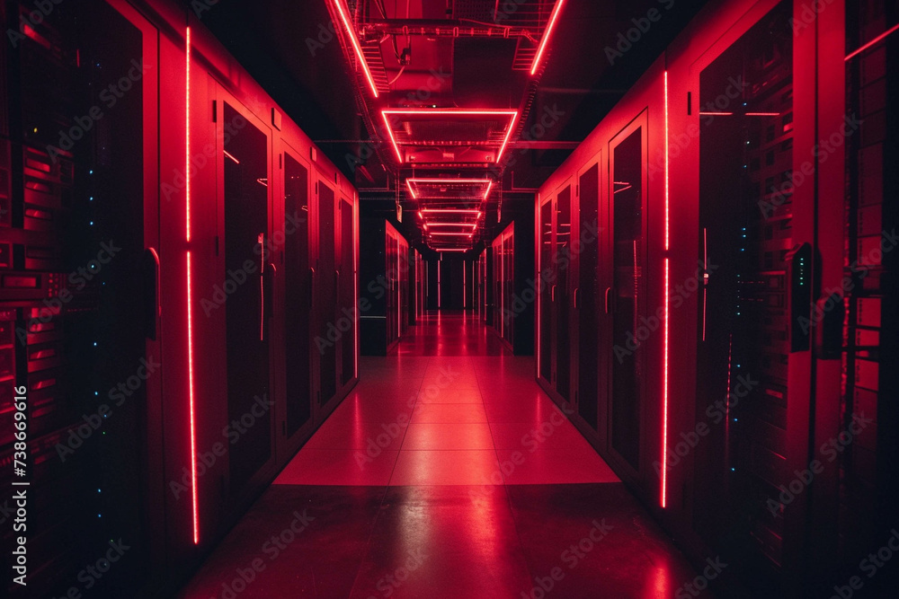 Modern Data Center With Rows Of Server Racks In A Dark Room Illuminated