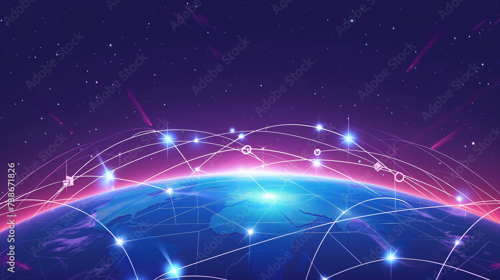 Global satellite communication showing big data being transmitted ...