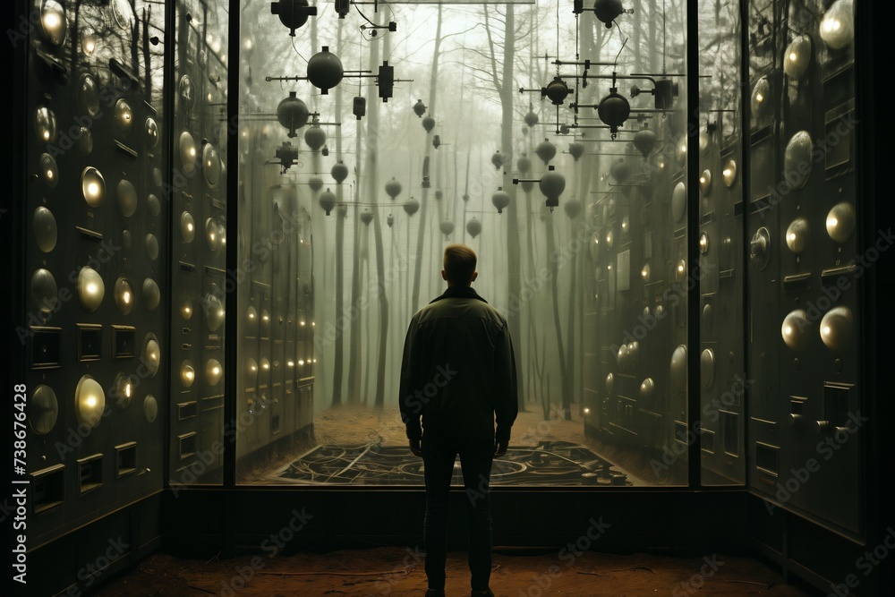 An employee controls the devices in a secret laboratory, technological ...