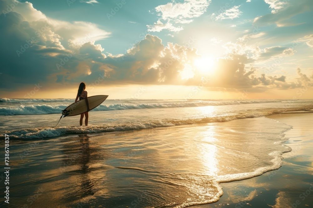 female surfer full body portrait at sunset standing in the ocean with ...