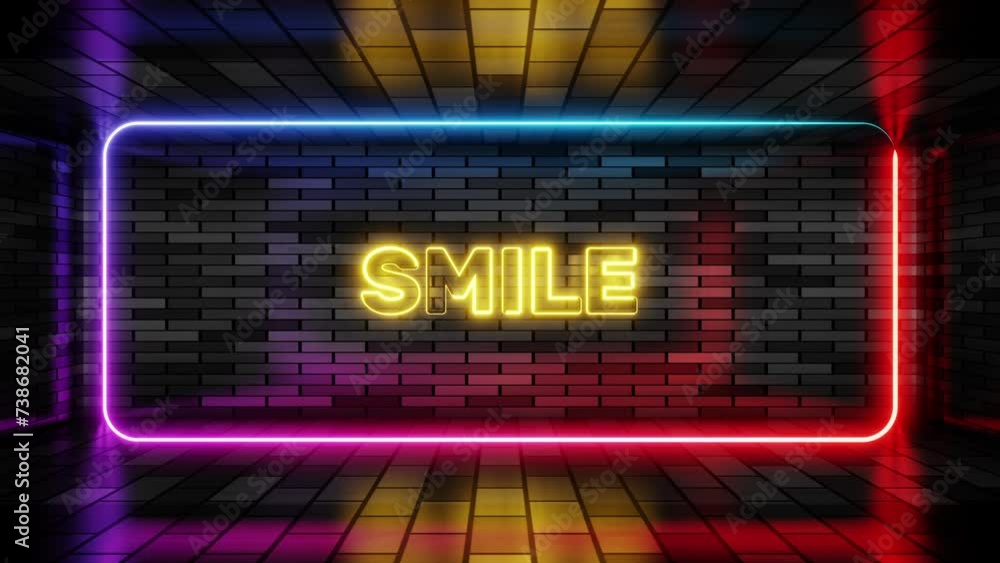 Neon sign smile in speech bubble frame on brick wall background 3d ...