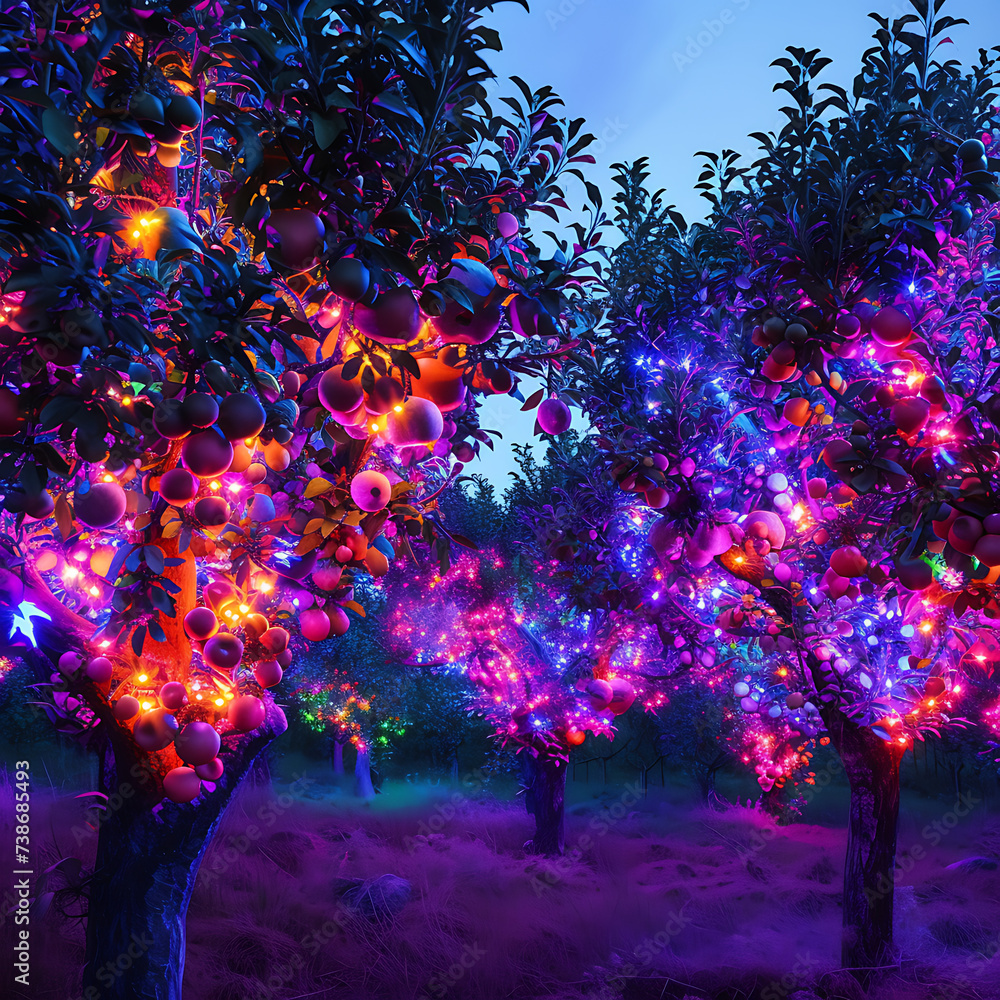 Trees with branches made of neon lights, bearing fruits that radiate ...