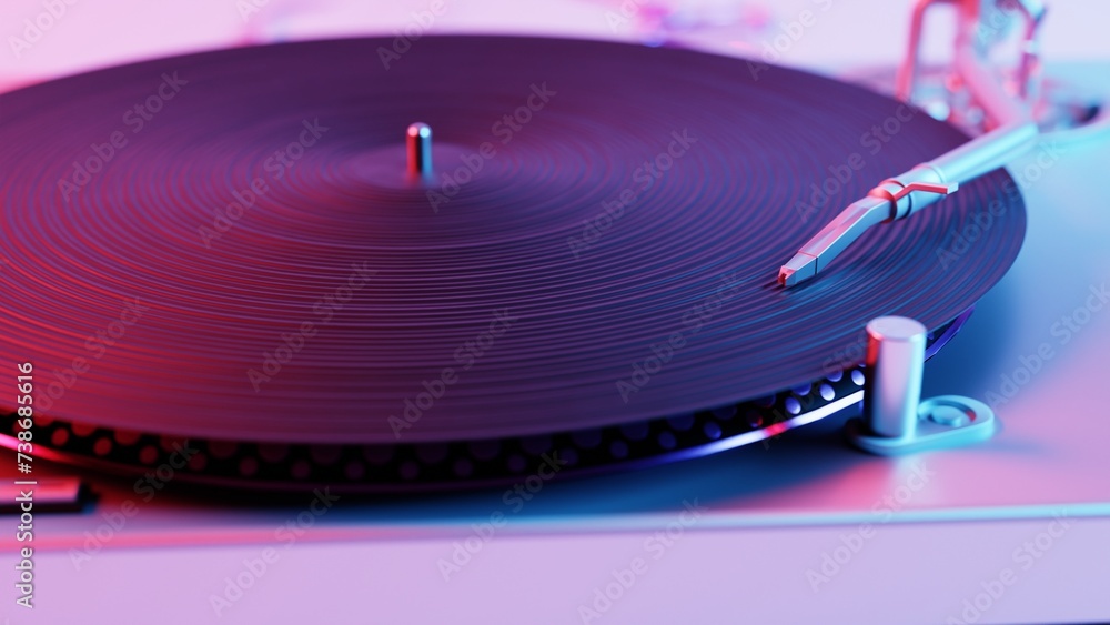 This 3D illustration showcases a vinyl record player with vibrant ...