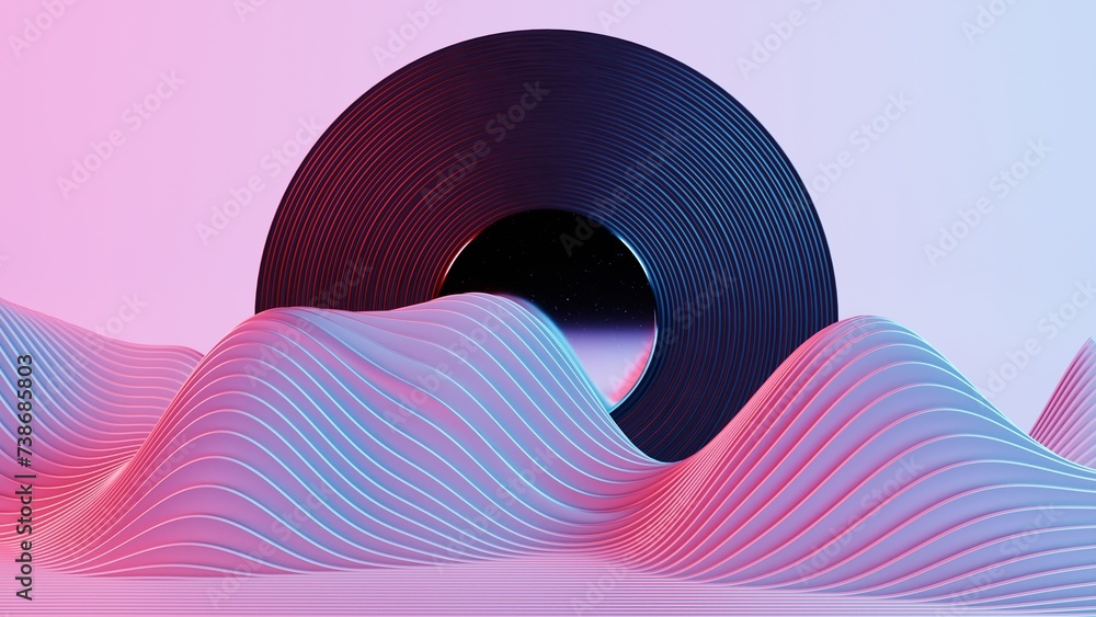 This artwork depicts a vinyl record set against a retro wave landscape ...