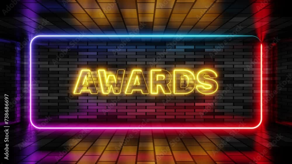 Neon sign awards in speech bubble frame on brick wall background 3d ...