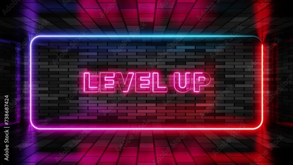 Neon sign level up in speech bubble frame on brick wall background 3d ...
