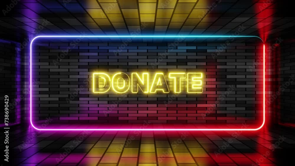 Neon sign donate in speech bubble frame on brick wall background 3d ...