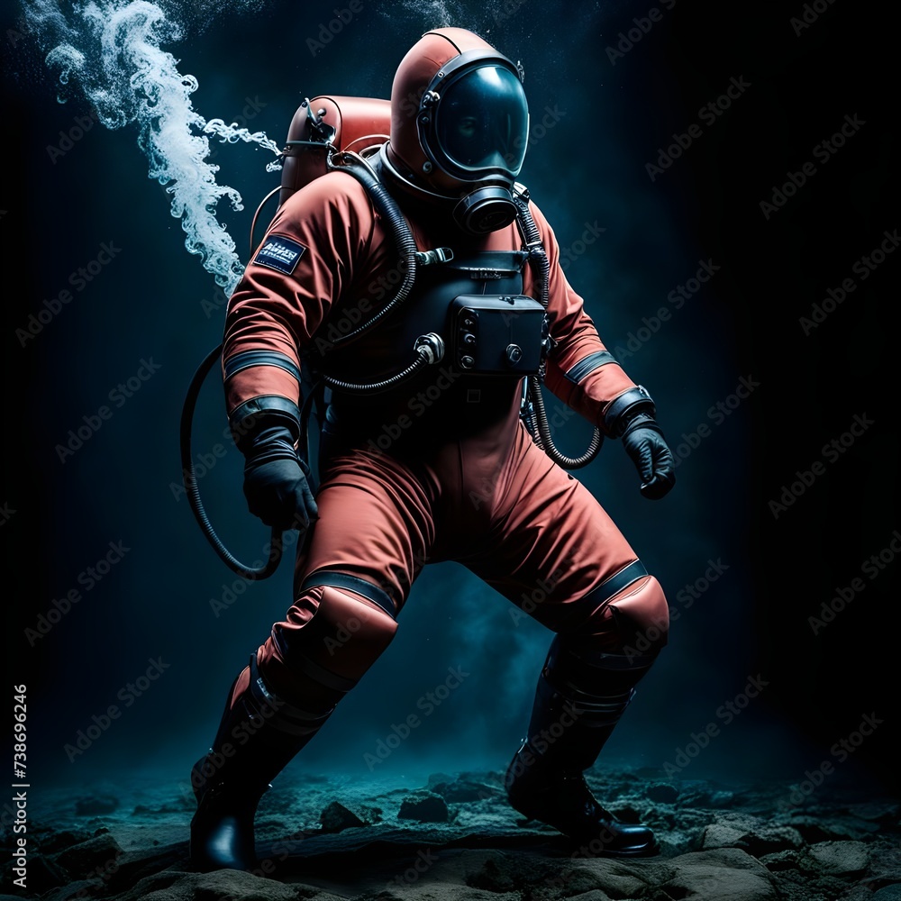 Beefy man with no face wearing atmospheric diving suit, standard diving ...