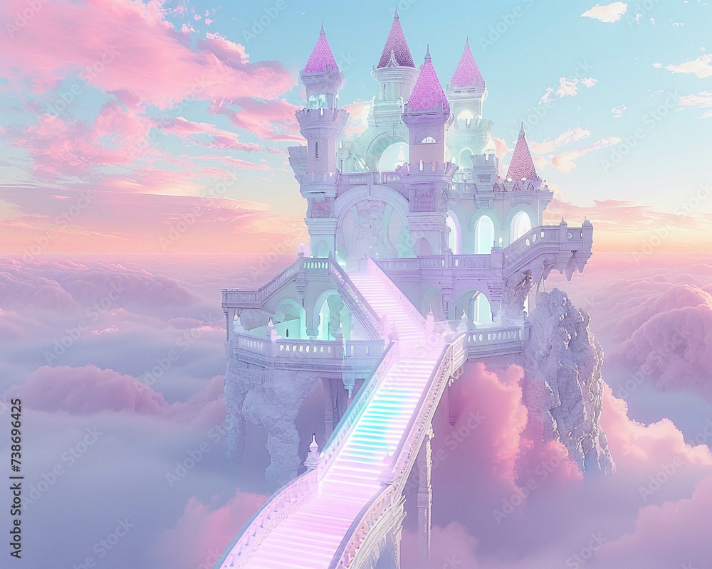 Ethereal pastel castle in the clouds accessed by light bridges a fusion ...