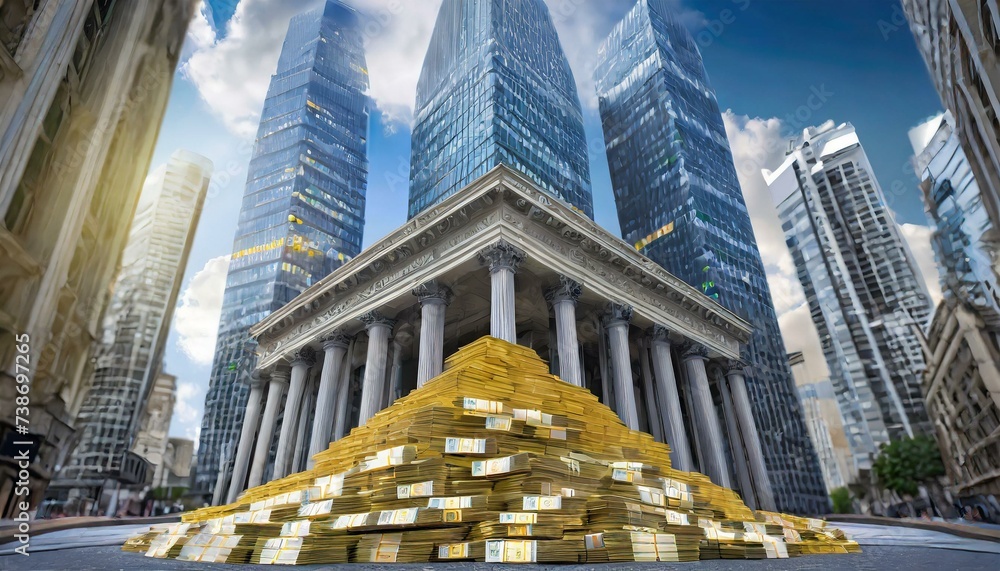 Huge piles of money in front of big bank and mega city Stock Photo ...