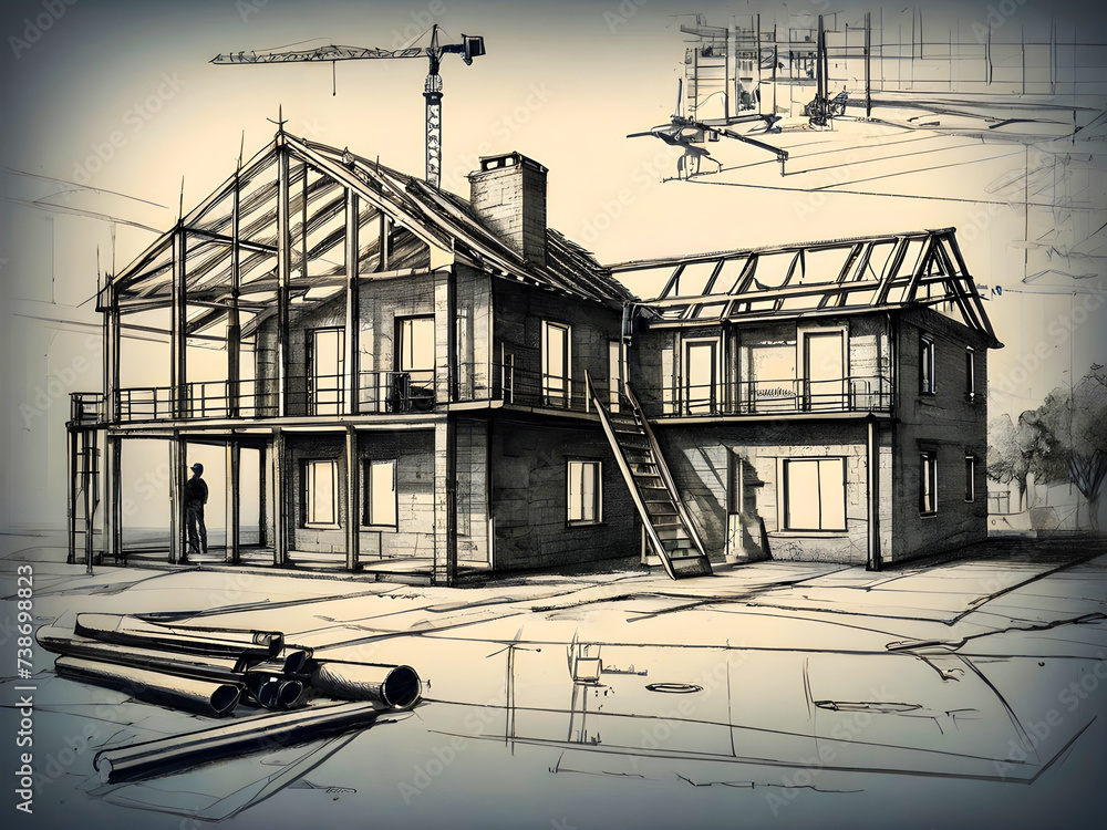 construction site blueprint, detailed technical drawing of a house ...