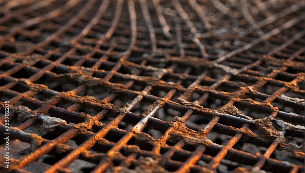 Distressed metal grating with rust and dents, casting dramatic shadows ...