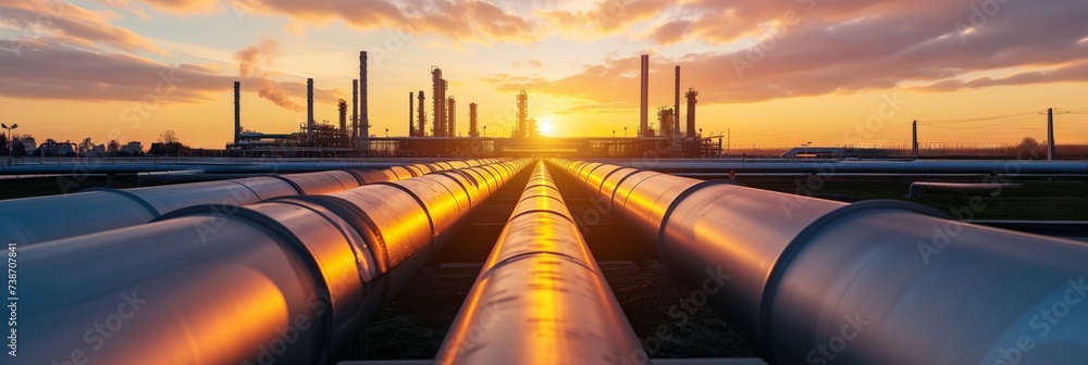Industrial pipeline at sunset with petrochemical plant background ...