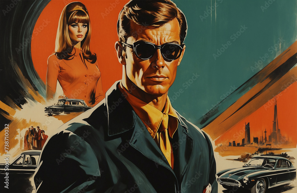 Classic spy movie poster in the art style of the 50s and 60s. The ...
