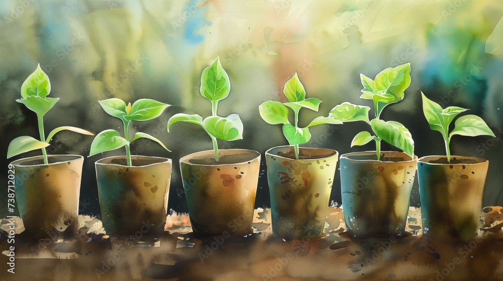 Stages of plant growth depicted in a row of biodegradable pots, ideal ...