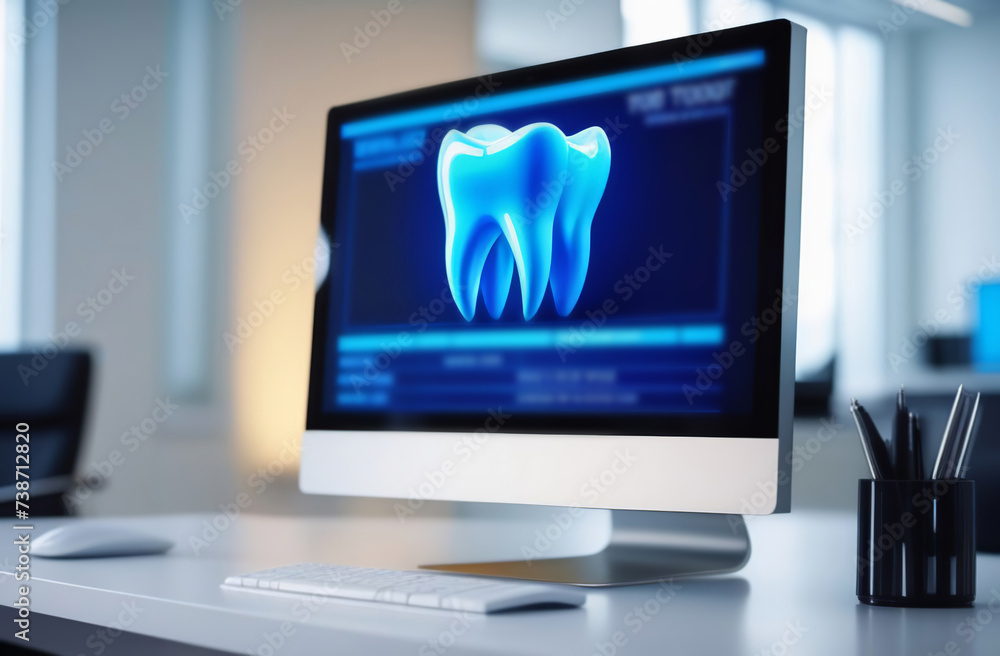 Computer screen with neon blue digital print of tooth. Close up PC monitor showing dental image ...