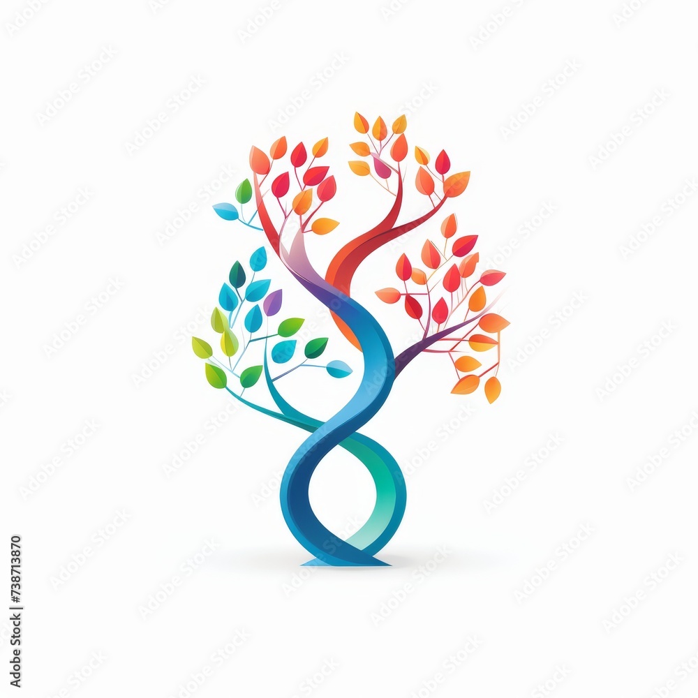 Logo of a colorful, stylized tree with a double helix trunk and leaves ...